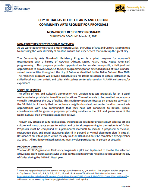 NON-PROFIT RESIDENCY PROGRAM (Call for Proposals) - City of Dallas ...